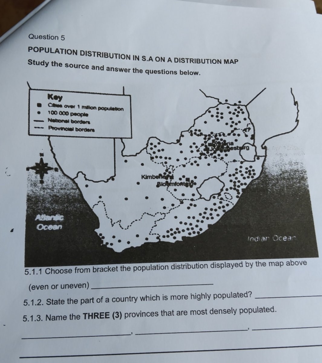Question 5 POPULATION DISTRIBUTION IN S.A ON A DISTRIBUTION MAP Study t..