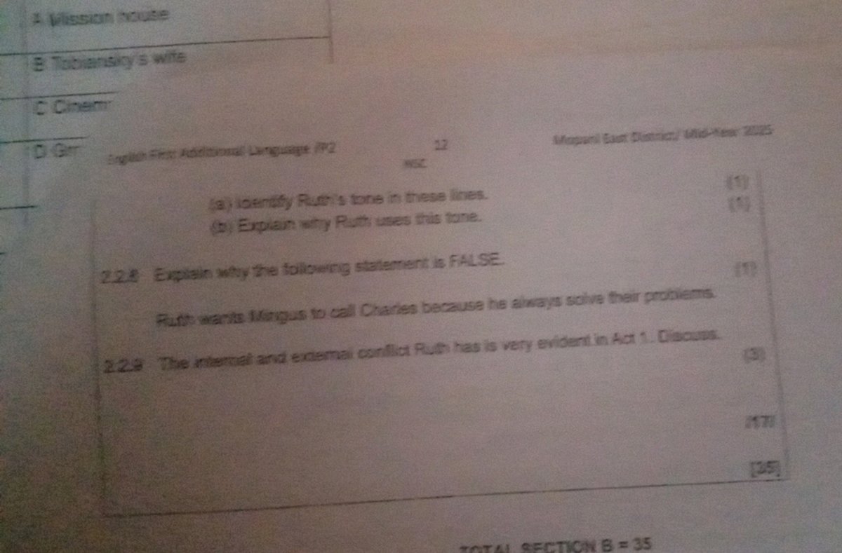 Here are some questions related to a text: (a) Identify Ruth's tone in t..