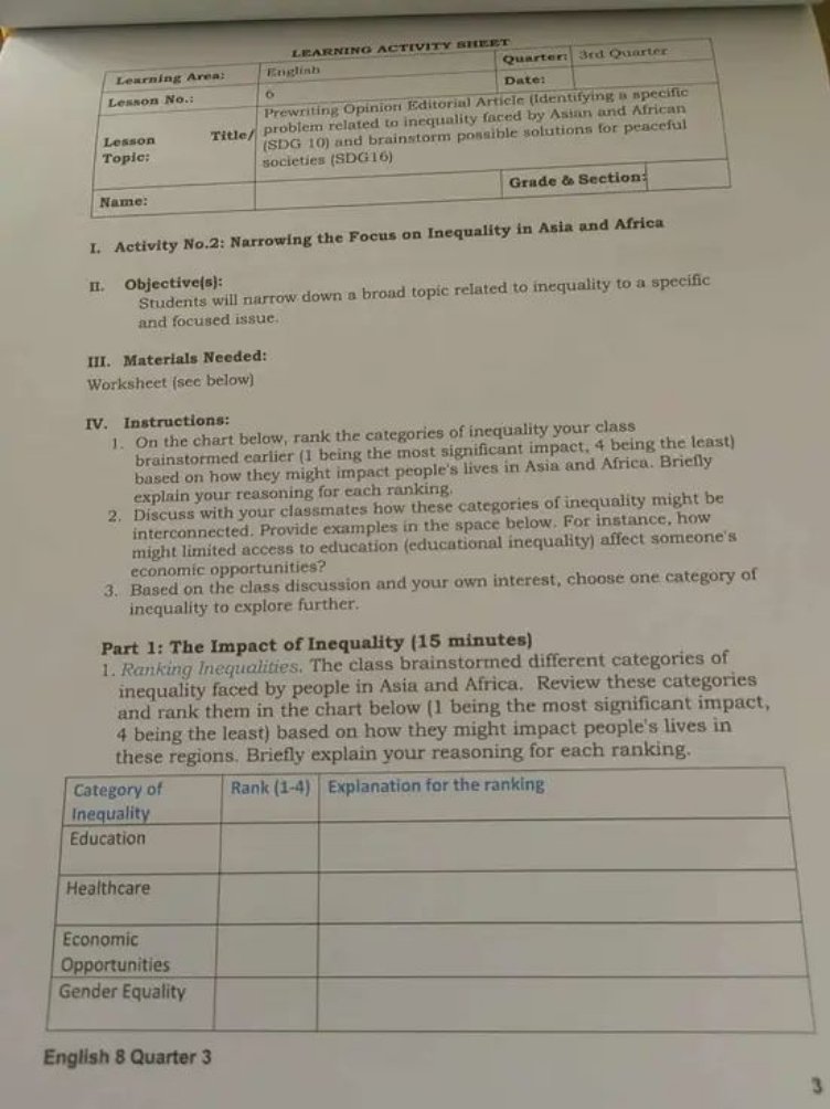 Here is a learning activity sheet about narrowing the focus on inequality..