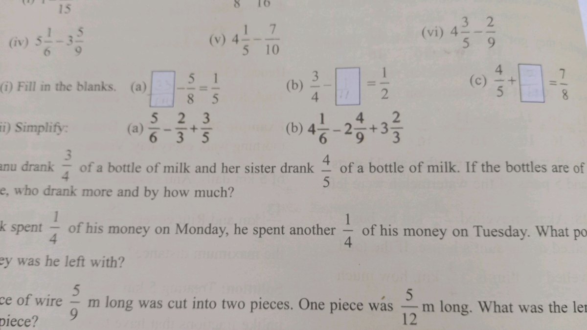 Here are the questions: (iv) 5\frac{1}{6} - 3\frac{5}{9} (v) 4\frac{1}{..