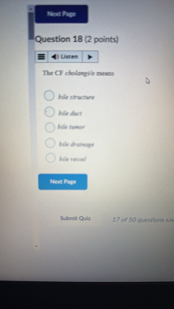 The CF cholangi/o means a) bile structure b) bile duct c) bile tumor d)