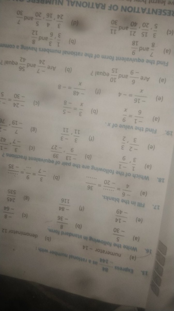 Express: (a) 84/-144 as a rational number with numerator -14 (b) 84/-144