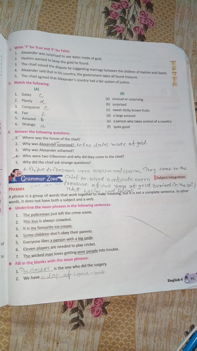 Here's a set of English grammar and comprehension questions. Please provi..