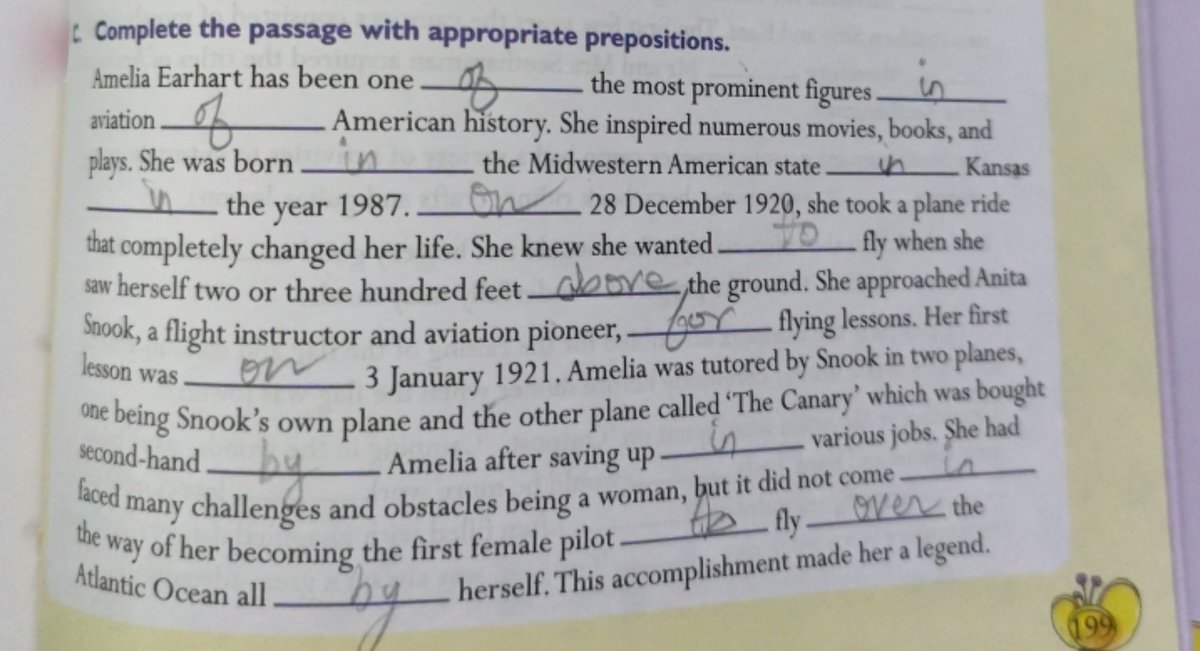 Complete the passage with appropriate prepositions. Amelia Earhart has b..