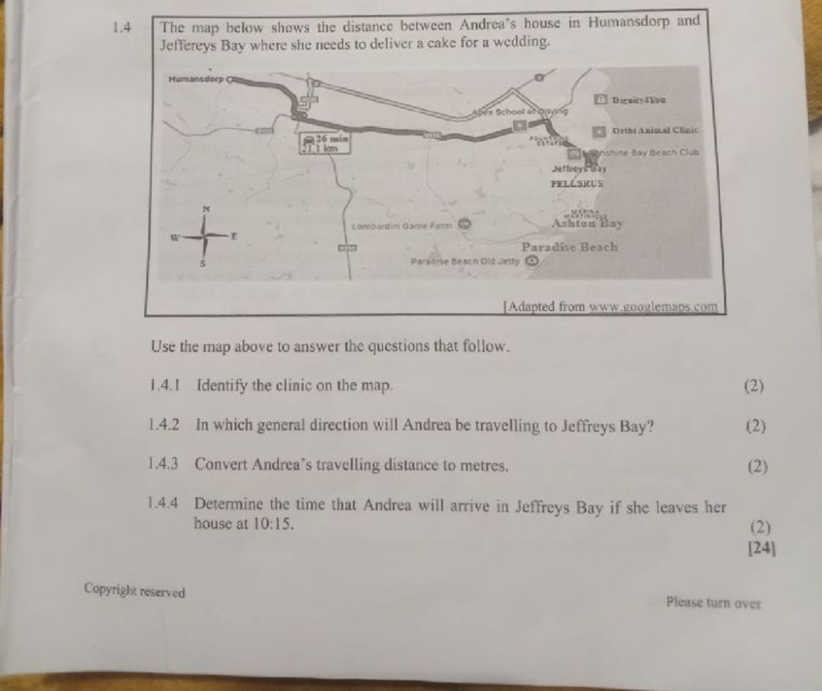 The map below shows the distance between Andrea's house in Humansdorp and..