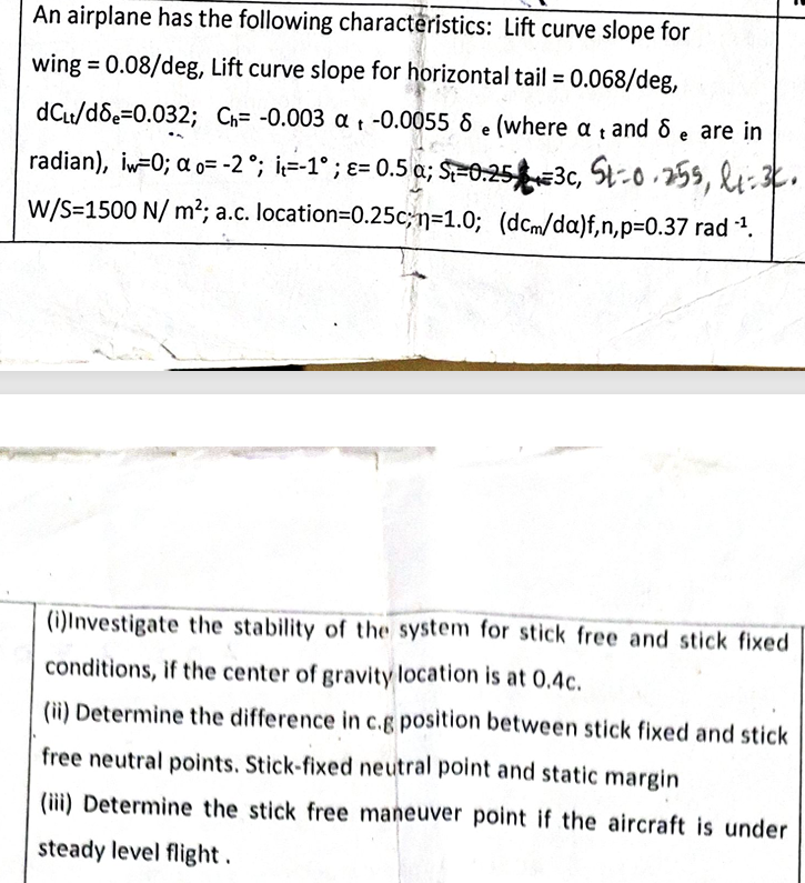 An airplane has the following characteristics: Lift curve slope for wing