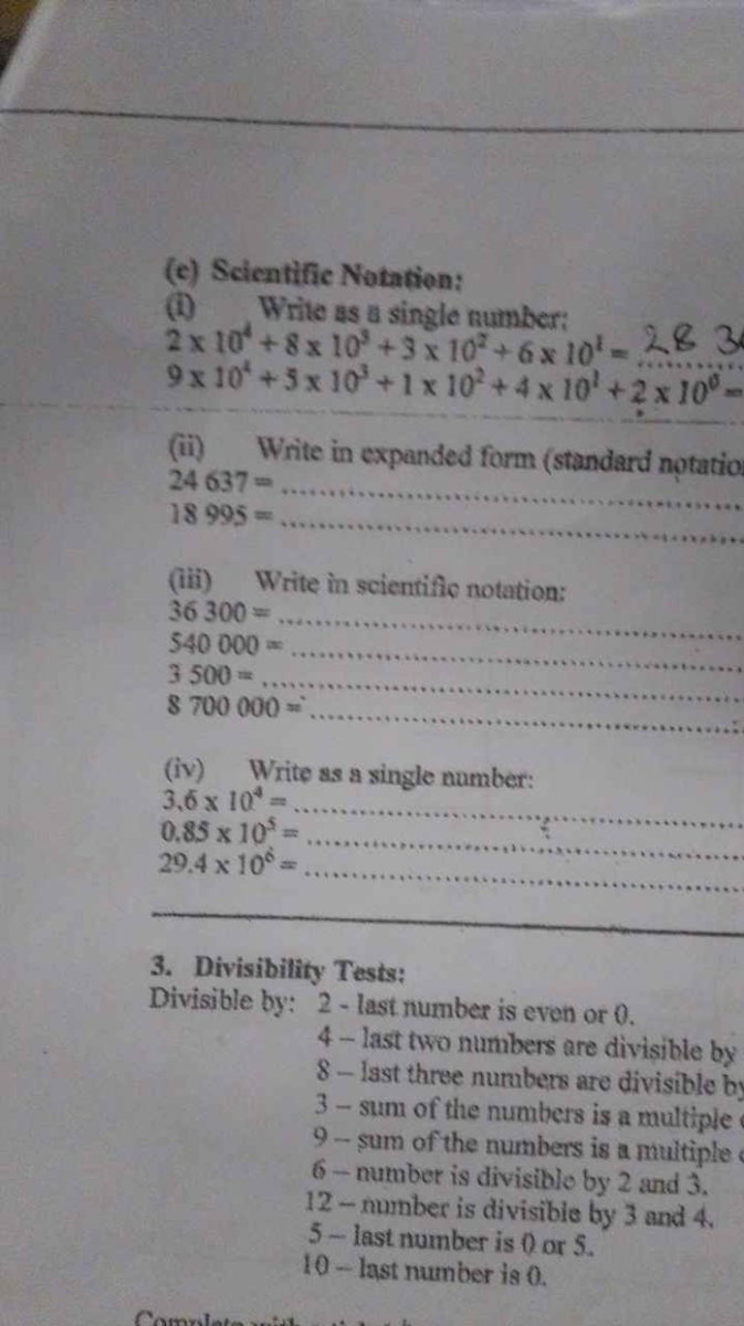 (e) Scientific Notation: (i) Write as a single number: 2 x 10⁴ + 8 x 10³
