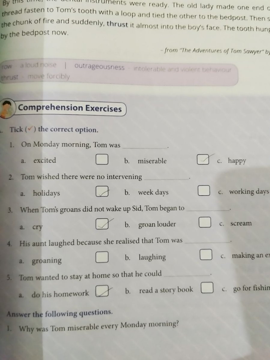Comprehension Exercises Tick ( ) the correct option. On Monday morning,..