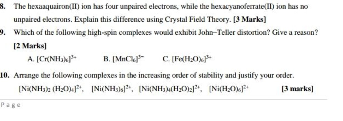 The hexaaquairon(II) ion has four unpaired electrons, while the hexacyano..
