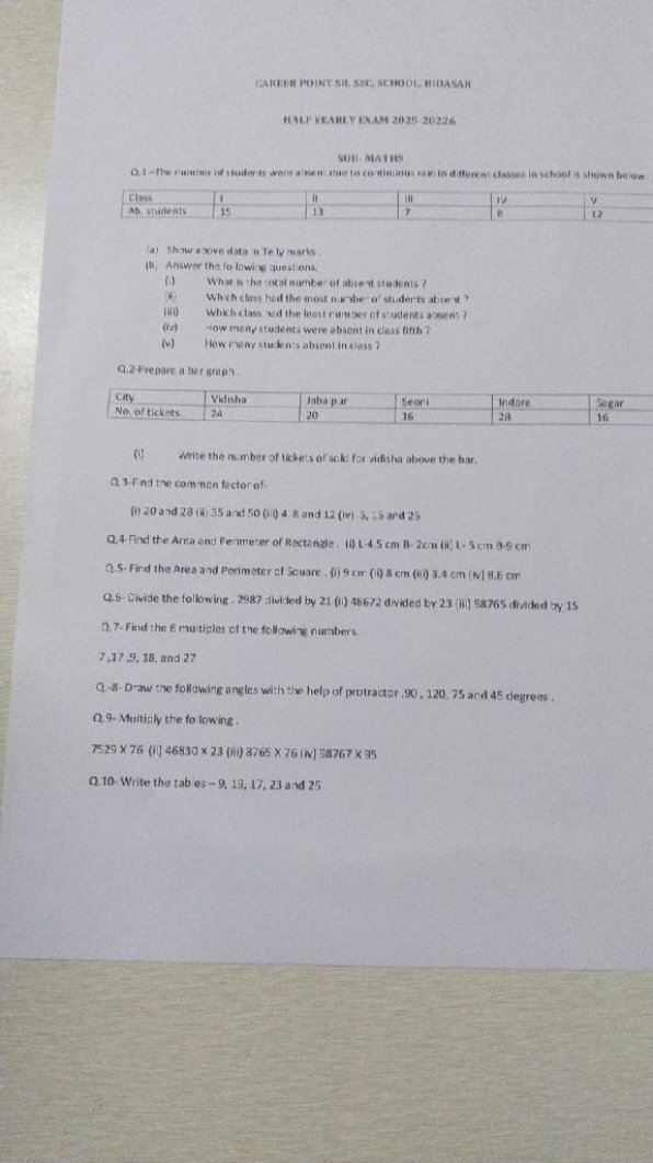 Q.1-The number of students were absent due to continuous rain in differen..