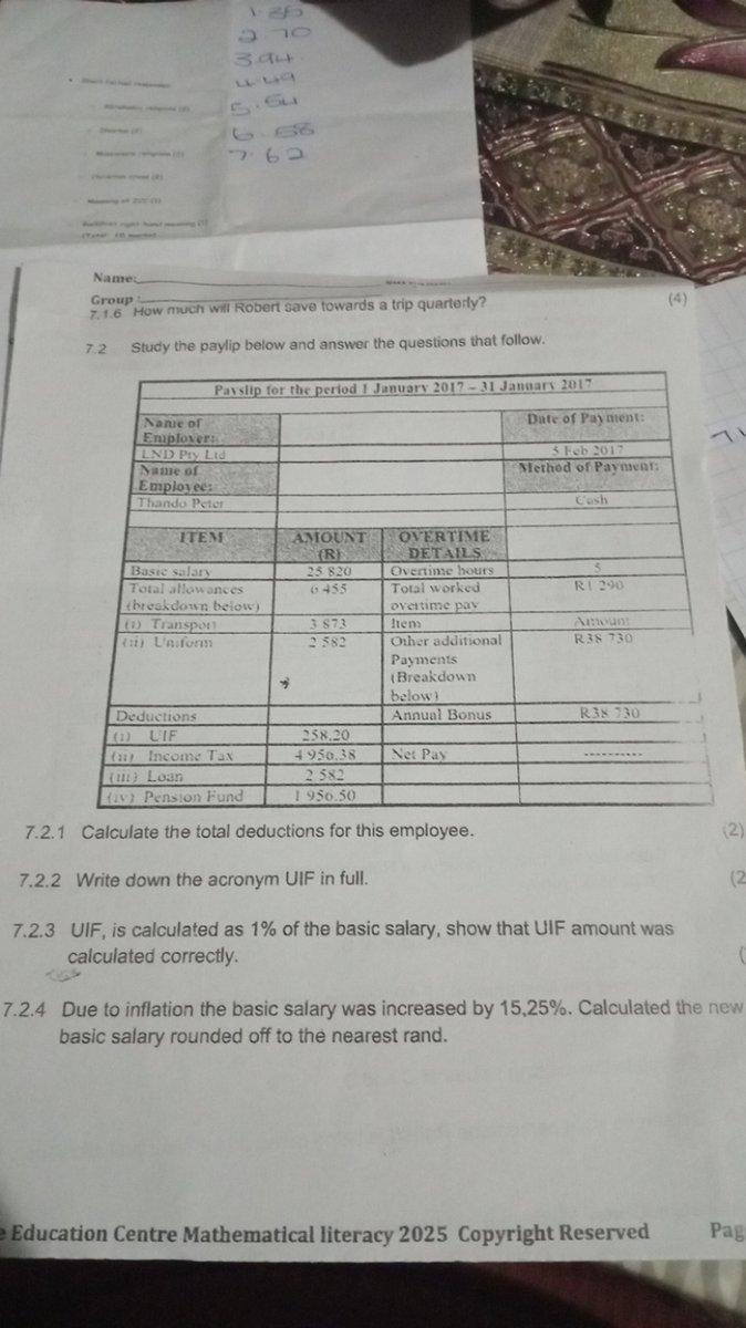 Payslip Analysis Study the payslip below and answer the questions that f..