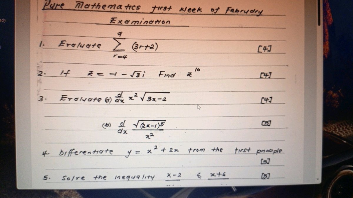 ady Pure Mathematics first week of February Examination 9 Evaluate Σ (3r+..