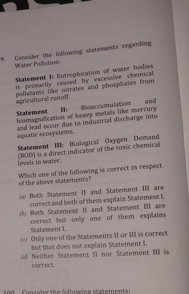 Consider the following statements regarding Water Pollution: Statement I..