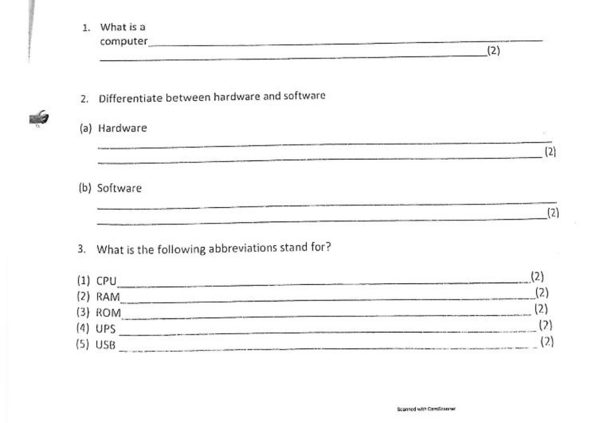 What is a computer? Differentiate between hardware and software. (a) H..