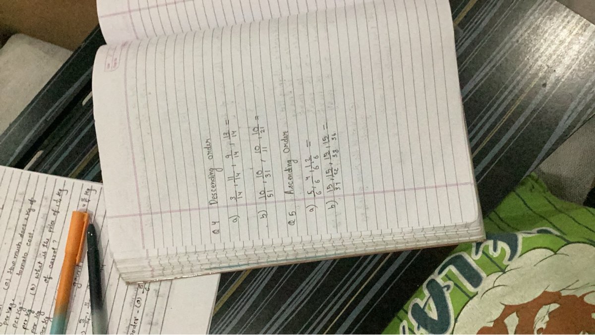 Q4. Descending order a) 3/14, 11/14, 9/14, 13/14 = ? b) 10/51, 10/31, 1..