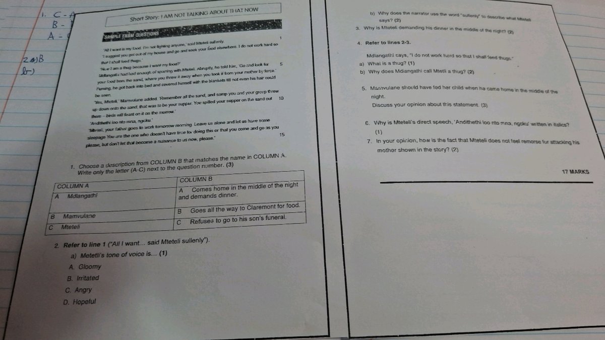 Short Story: I AM NOT TALKING ABOUT THAT NOW SAMPLE EXAM QUESTIONS "All..