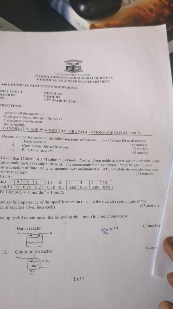 Here is a chemical reaction engineering exam paper from Copperbelt Univer..