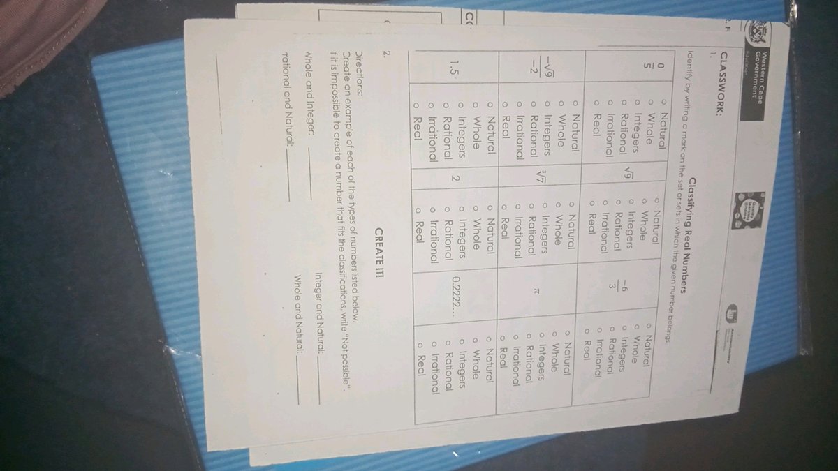 Classifying Real Numbers 1. Identify by writing a mark on the set or set..