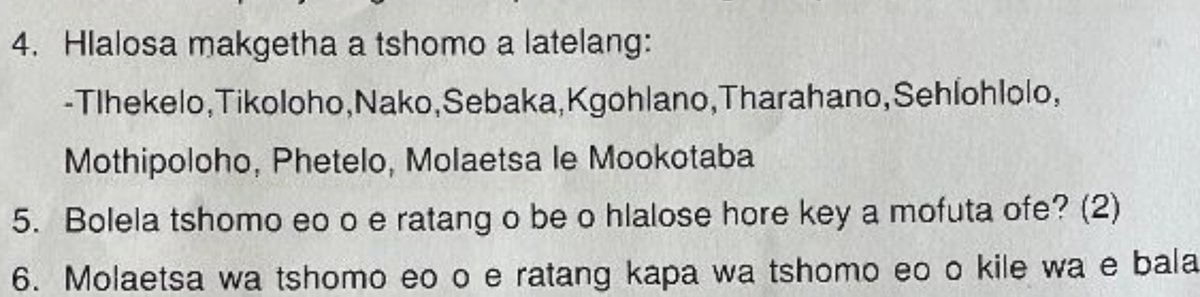 Hlalosa makgetha a tshomo a latelang: -Tlhekelo, Tikoloho, Nako, Sebaka,