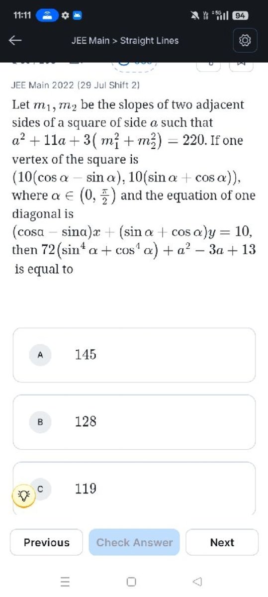 Let m_1, m_2 be the slopes of two adjacent sides of a square of side a su..