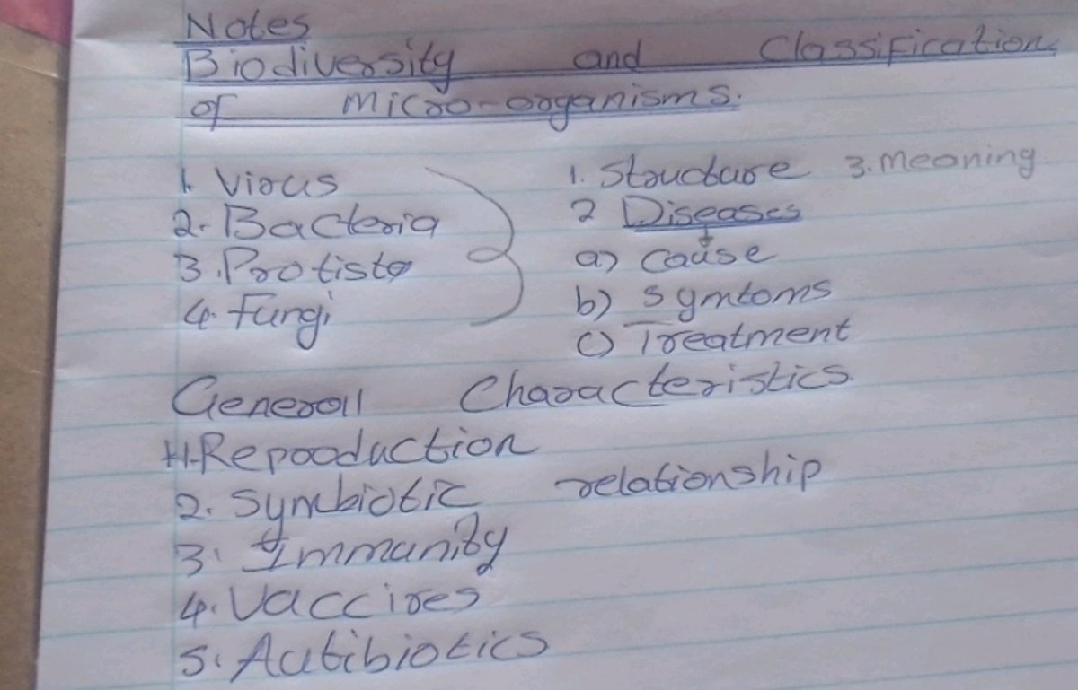 Notes Biodiversity and Classification of Micro-organisms: Virus Struc..