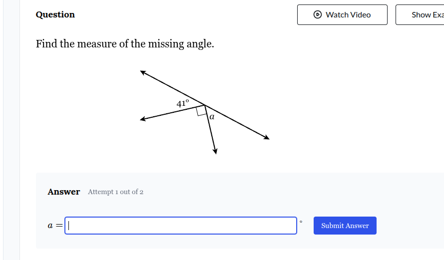 Find the measure of the missing angle. [Diagram showing angles with one