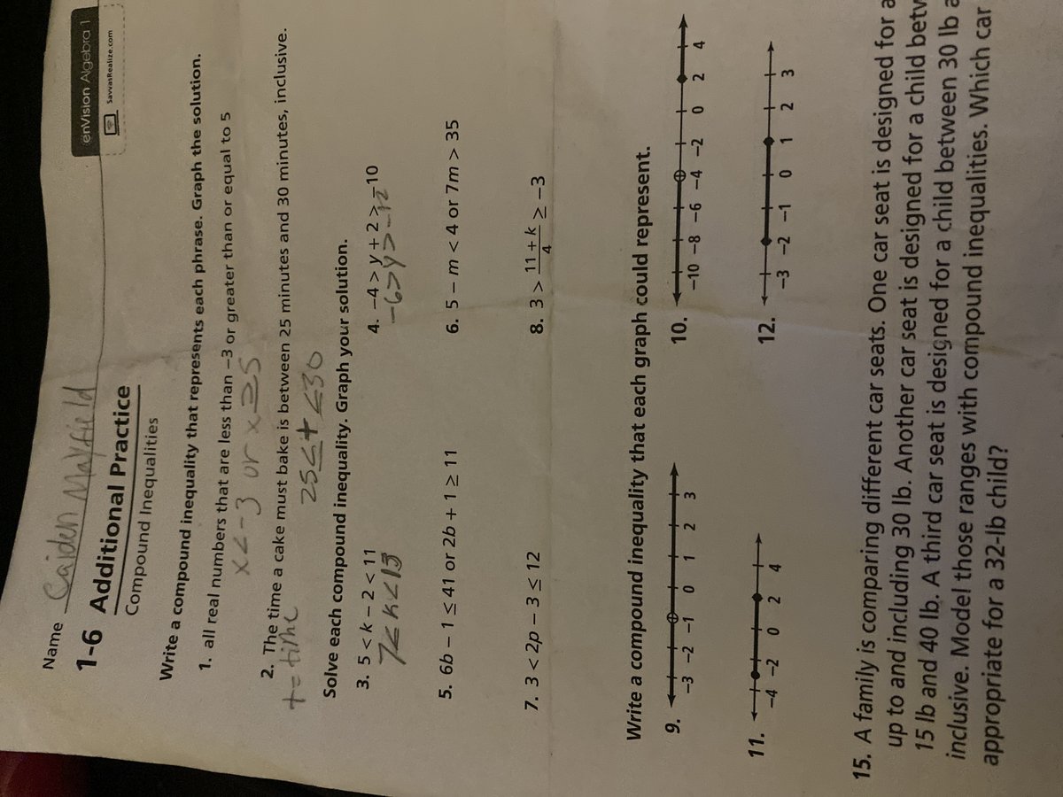 1-6 Additional Practice: Compound Inequalities Write a compound inequali..