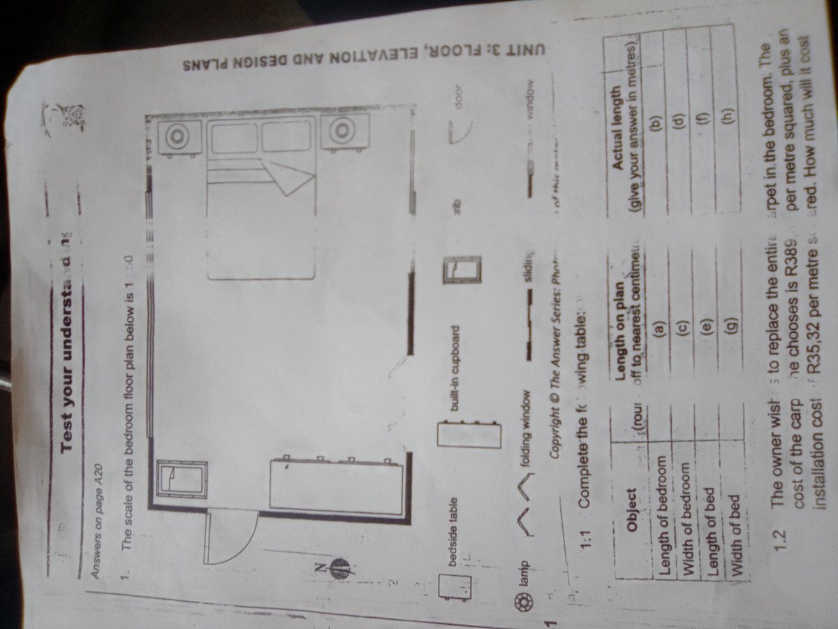 The scale of the bedroom floor plan below is 1:50 Complete the following..