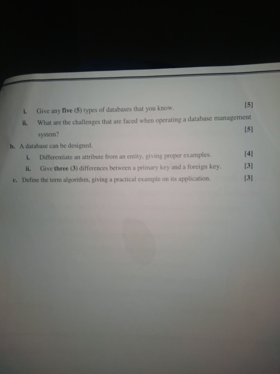 i. Give any five (5) types of databases that you know. 5] ii. What are th..