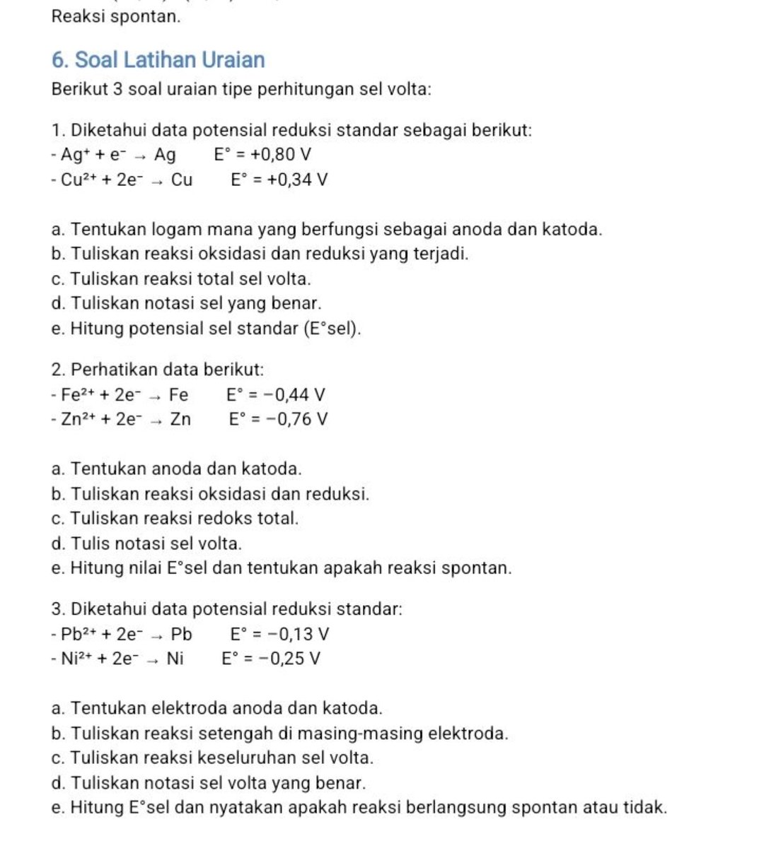 Soal Latihan Uraian Berikut 3 soal uraian tipe perhitungan sel volta: Di..