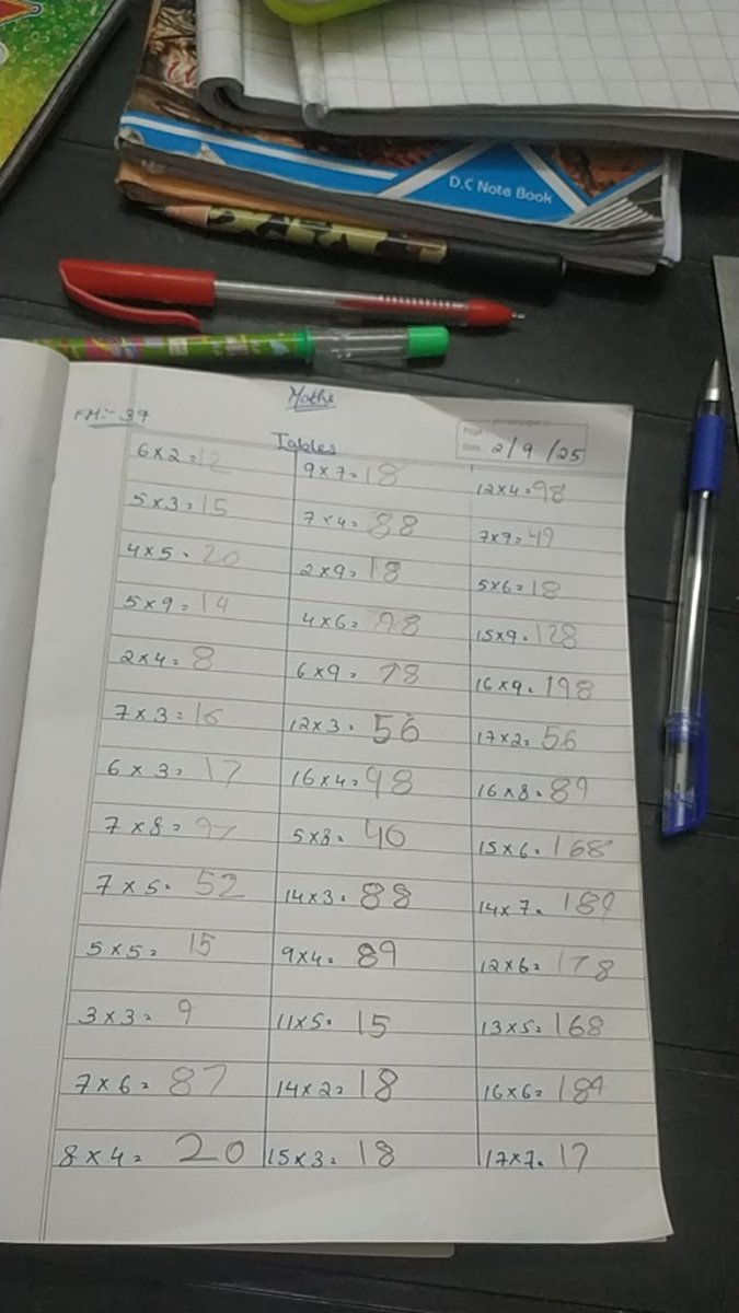 The image shows a handwritten sheet with multiplication problems. The stu..