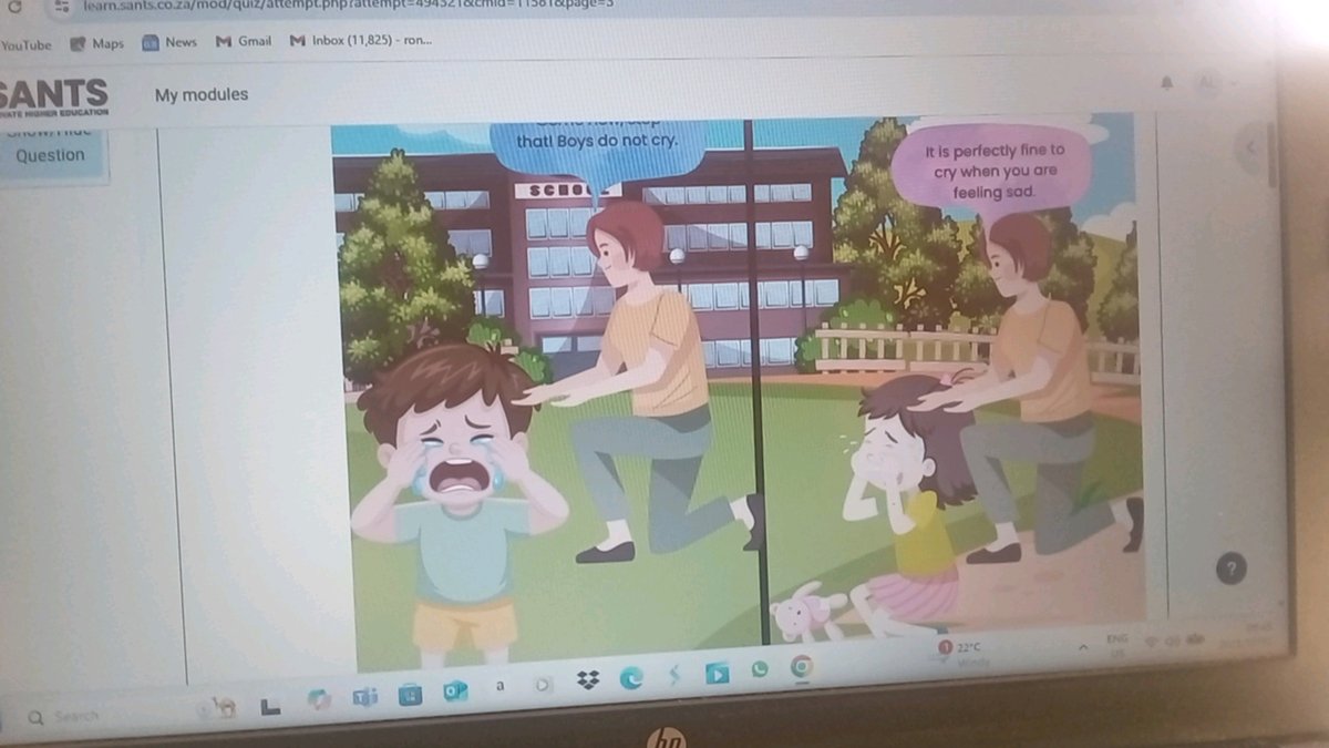 The image shows two scenarios: A boy crying, with a person telling him,