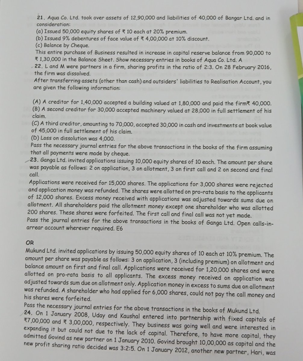 Aqua Co. Ltd. took over assets of ₹12,90,000 and liabilities of ₹40,000 o..