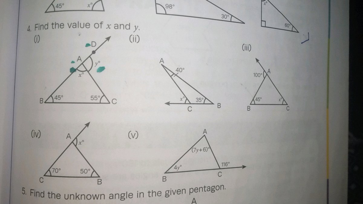 Find the value of x and y. (i) Diagram of a triangle ABC with angle B