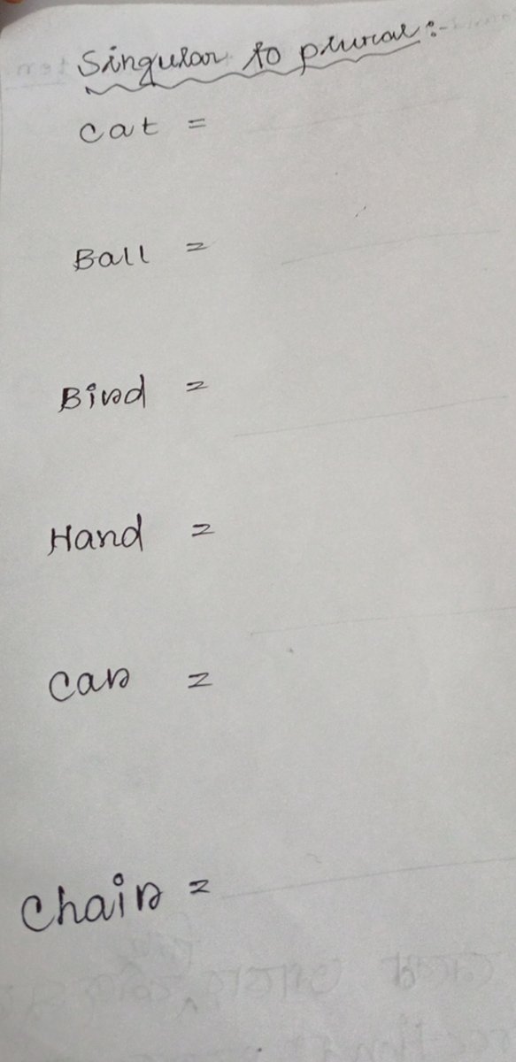 Singular to plural: Cat = Ball = Bird = Hand = Car = Chain = | Filo
