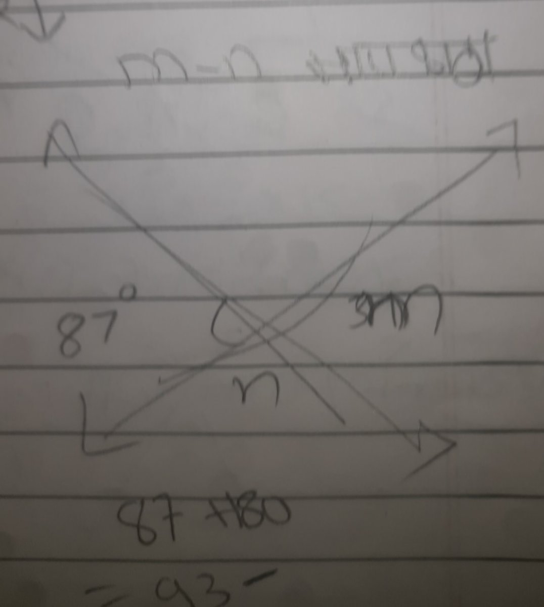 The image shows two intersecting lines. One of the angles formed is 87 de..
