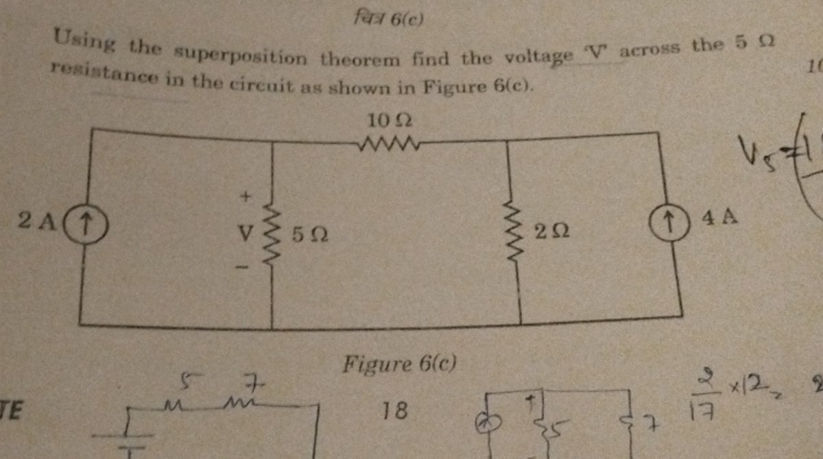 Using the superposition theorem, find the voltage 'V' across the 5 Ω resi..