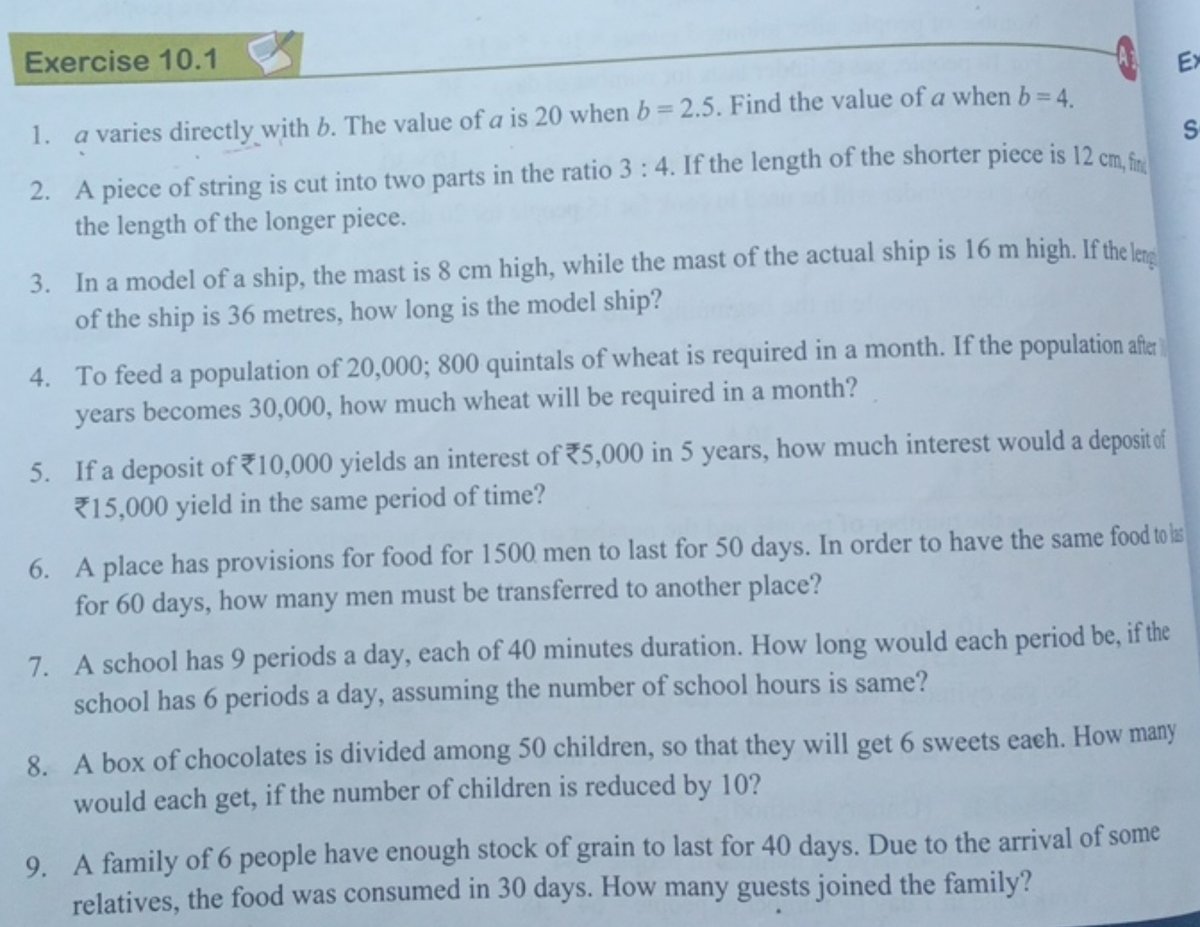 Exercise 10.1 a varies directly with b. The value of a is 20 when b = 2...