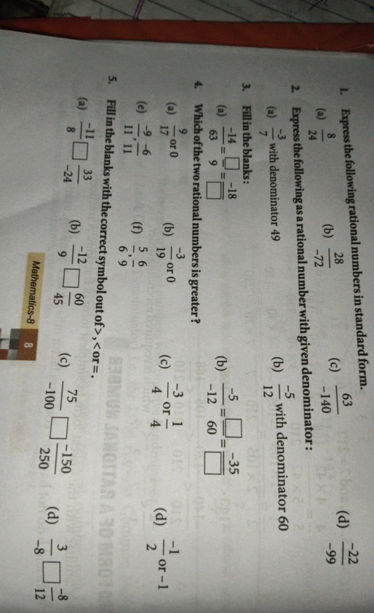 Express the following rational numbers in standard form. (a) \frac{8}{24}..