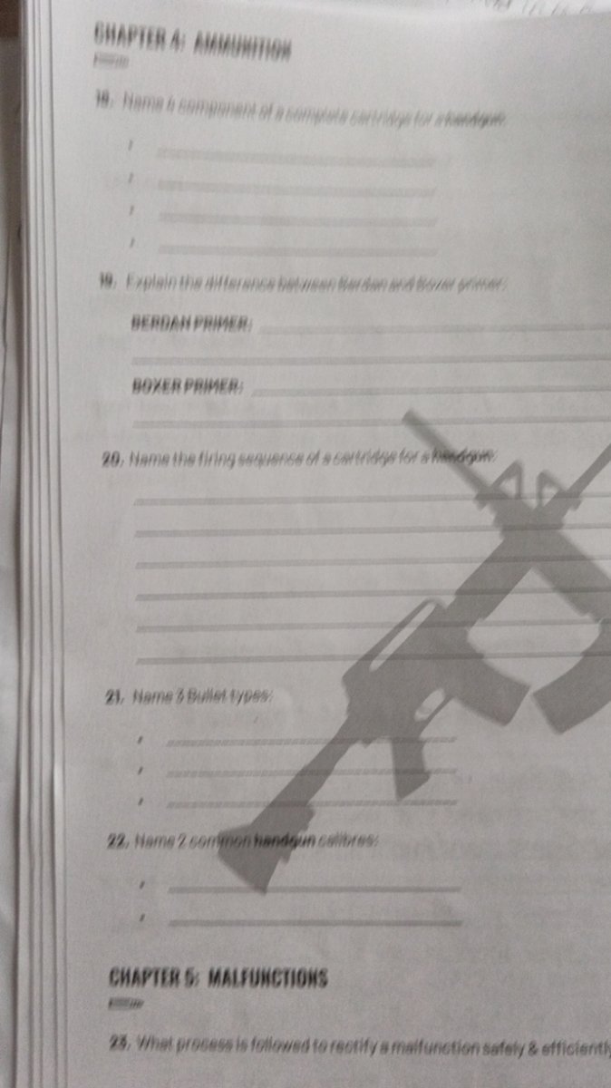 CHAPTER 4: AMMUNITION Name 4 components of a complete cartridge for a ha..
