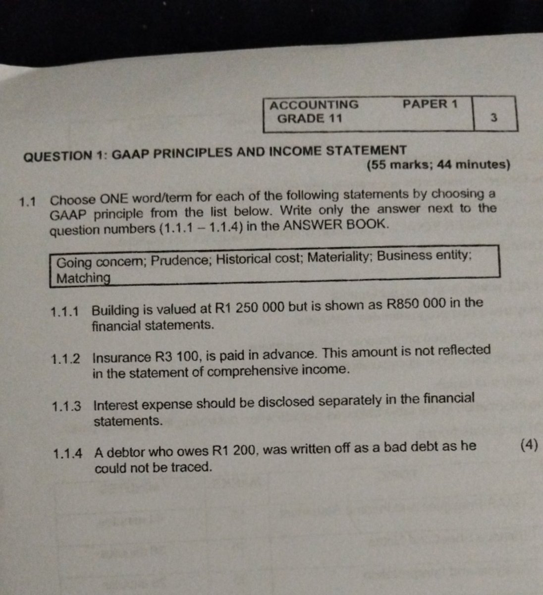 QUESTION 1: GAAP PRINCIPLES AND INCOME STATEMENT (55 marks; 44 minutes)