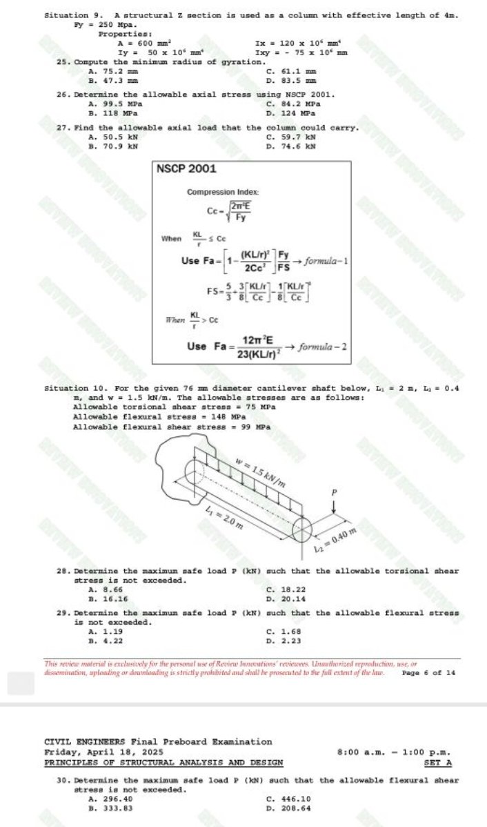 Situation 9. A structural Z section is used as a column with effective le..