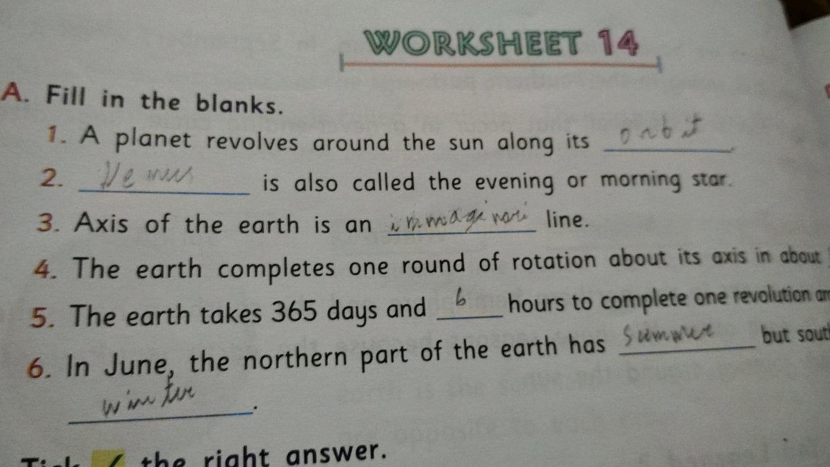 A. Fill in the blanks. A planet revolves around the sun along its