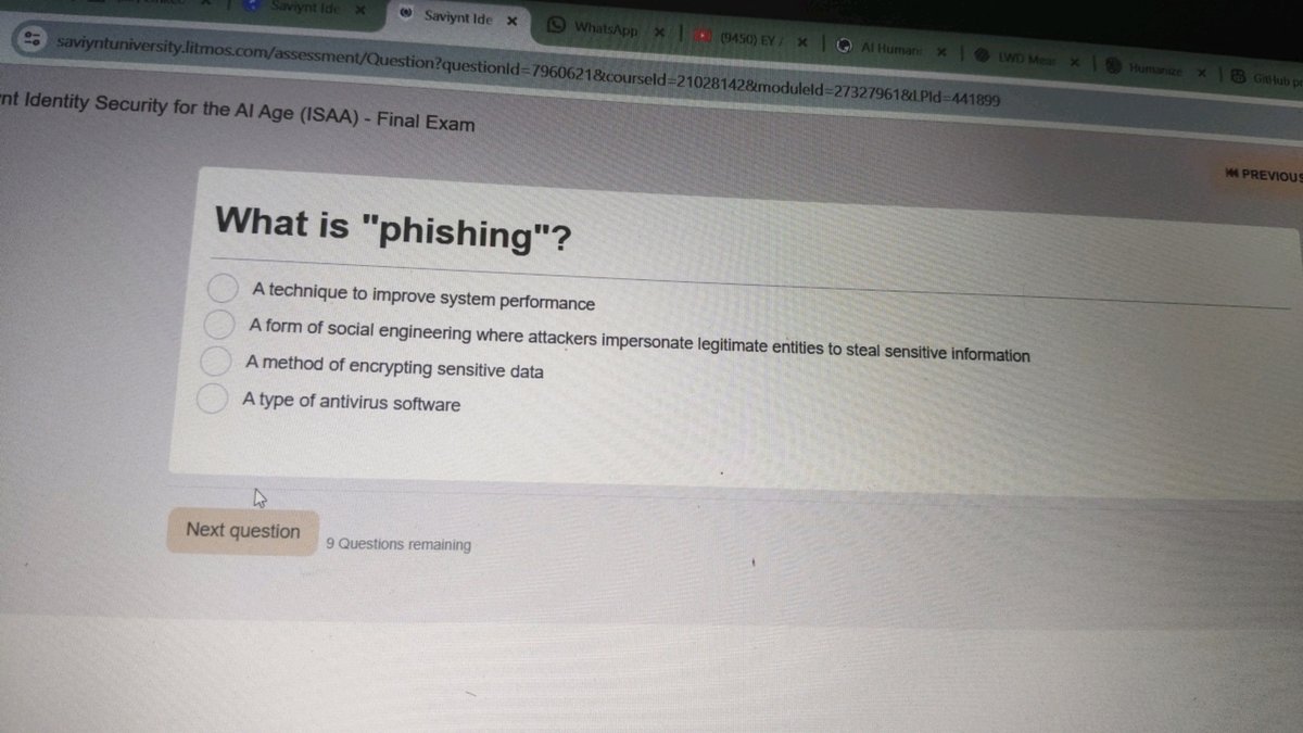 What is "phishing"? A. A technique to improve system performance B. A fo..