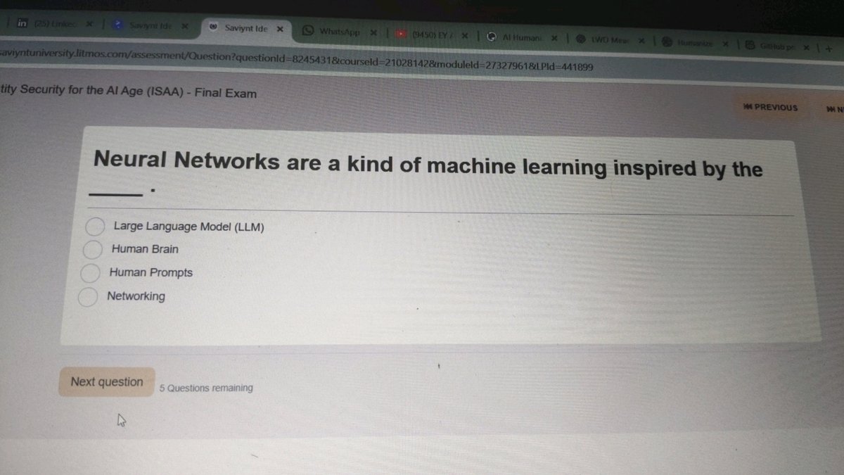 Neural Networks are a kind of machine learning inspired by the __. A. La..