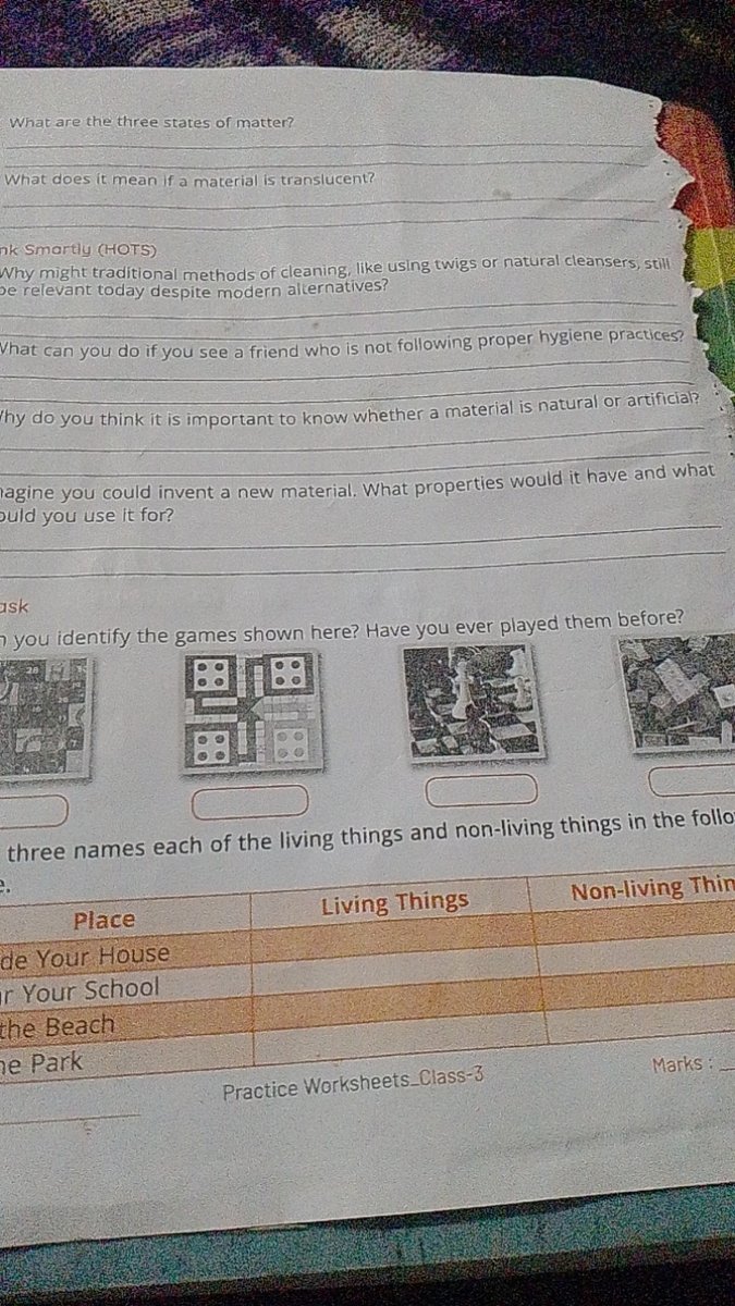 Give three names each of the living things and non-living things in the f..