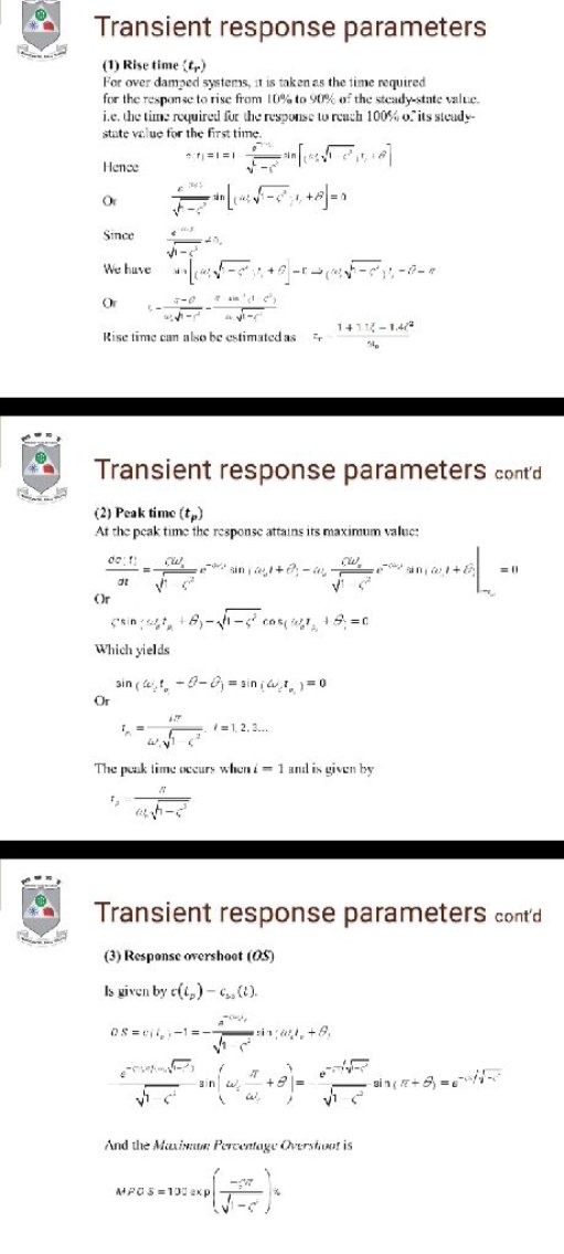 Transient response parameters (1) Rise time (t_r) For over damped system..