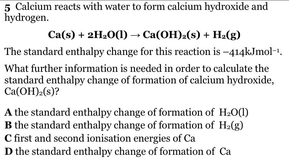 Calcium reacts with water to form calcium hydroxide and hydrogen. \text{..