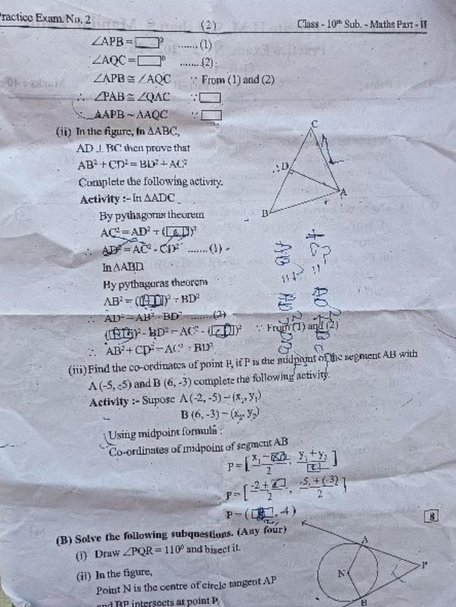 Practice Exam. No. 2 Class - 10th Sub. - Maths Part - II (i) Complete th..