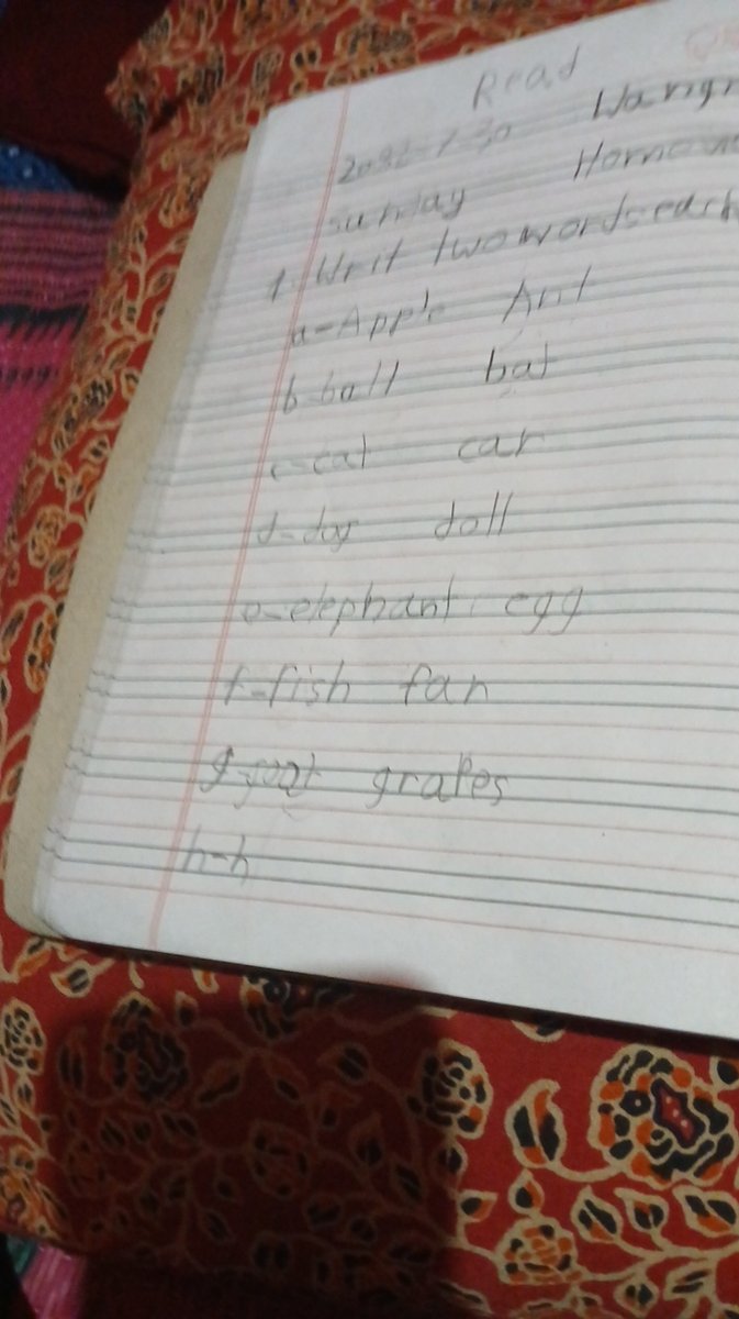 Write two words each for the following letters: a. Apple, Ant b. Ball, Ba..